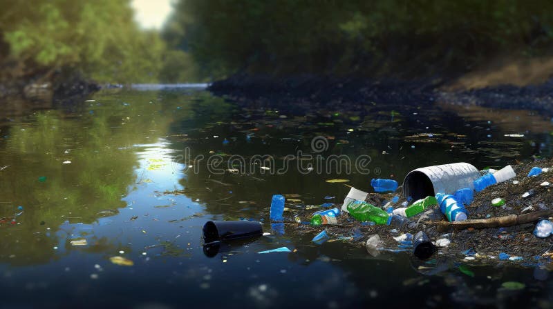 A River with Plastic Waste in the Middle and Trees Behind Stock ...
