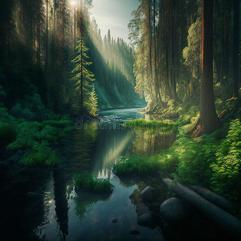 AI Generated Illustration of River Surrounded by Dense Trees Stock ...