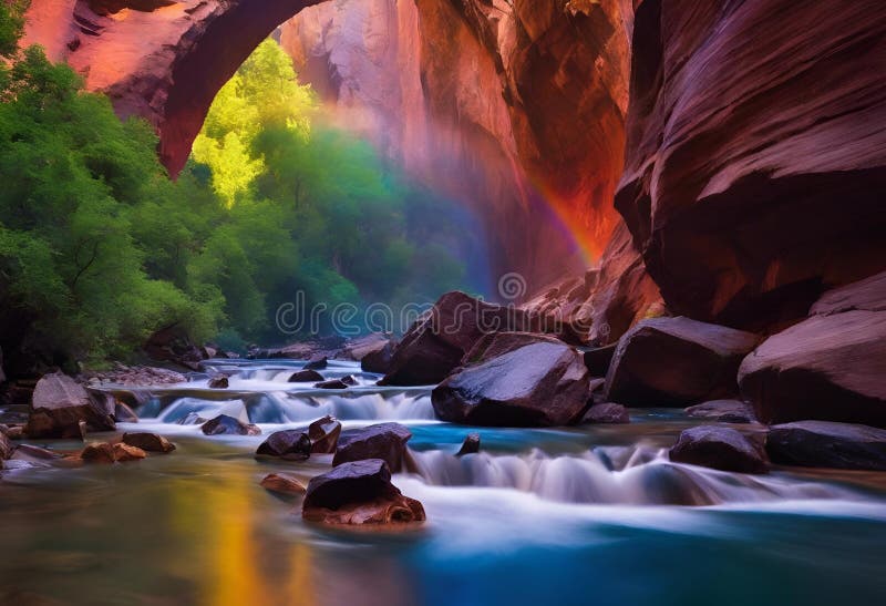 AI Generated Illustration of a River Winds between Two Vibrant Red Rock ...