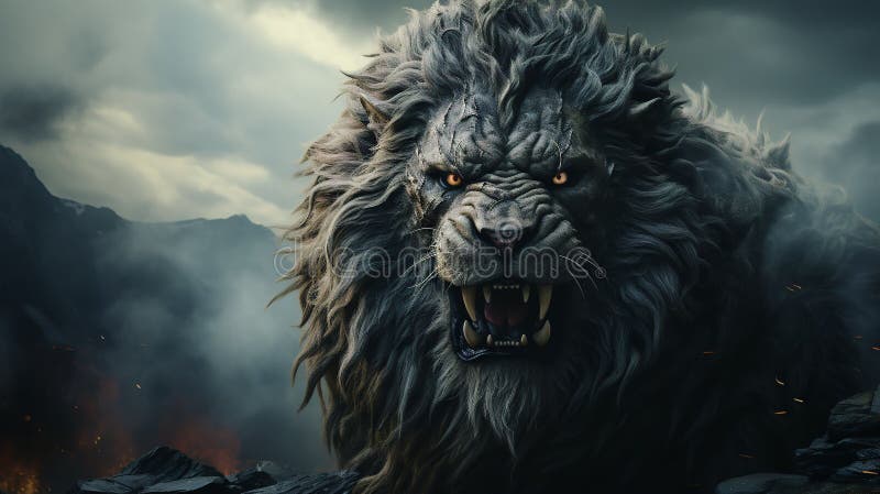 AI Generated Illustration of a Roaring Stone-built Lion in an ...