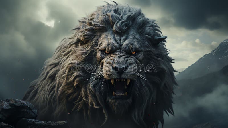 AI Generated Illustration of a Roaring Stone-built Lion in an ...