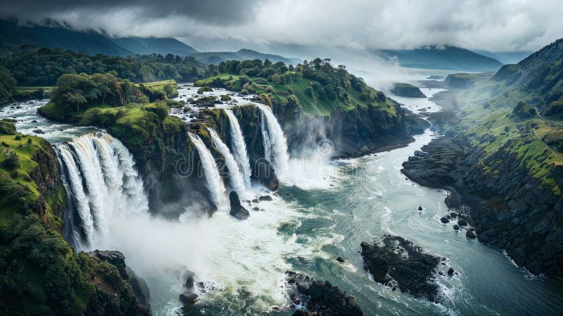 AI Generated Illustration of a Roaring Waterfall Cascades Down Rugged ...