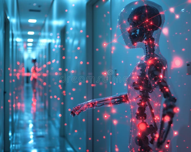 AI Generated Illustration of a Robot in a Hallway with Glowing Red ...