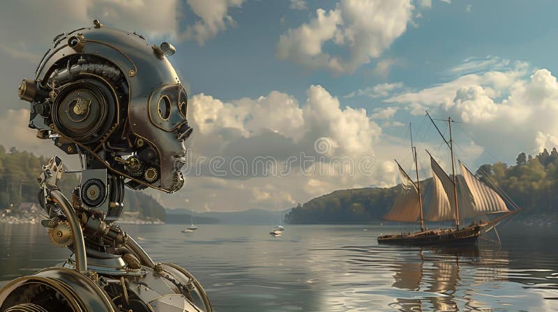 AI Generated Illustration of a Robot Standing in Front of a Boat in the ...