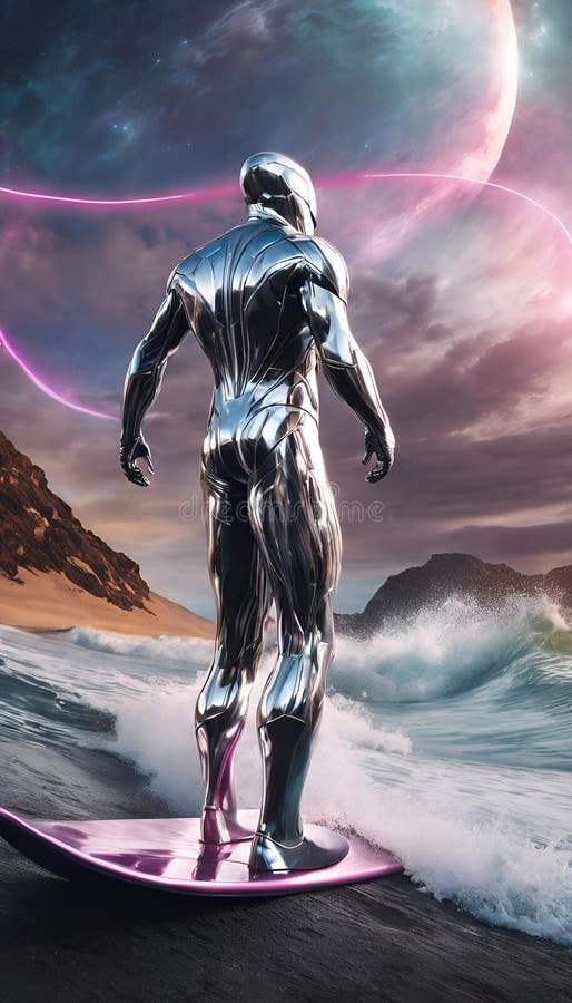 AI Generated Illustration of a Robot Surfer Gliding on Wave, with ...