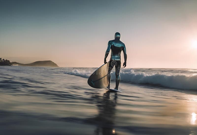 AI Generated Illustration of a Robot Surfer Gracefully Balances on a ...