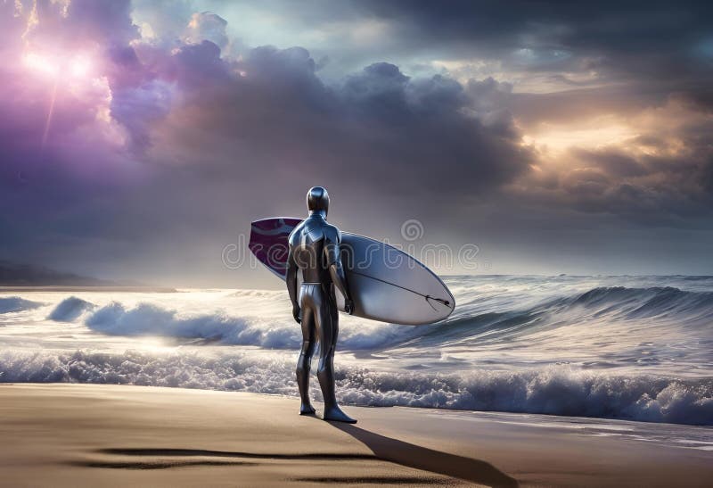 AI Generated Illustration of a Robot Surfer Gracefully Balances on a ...