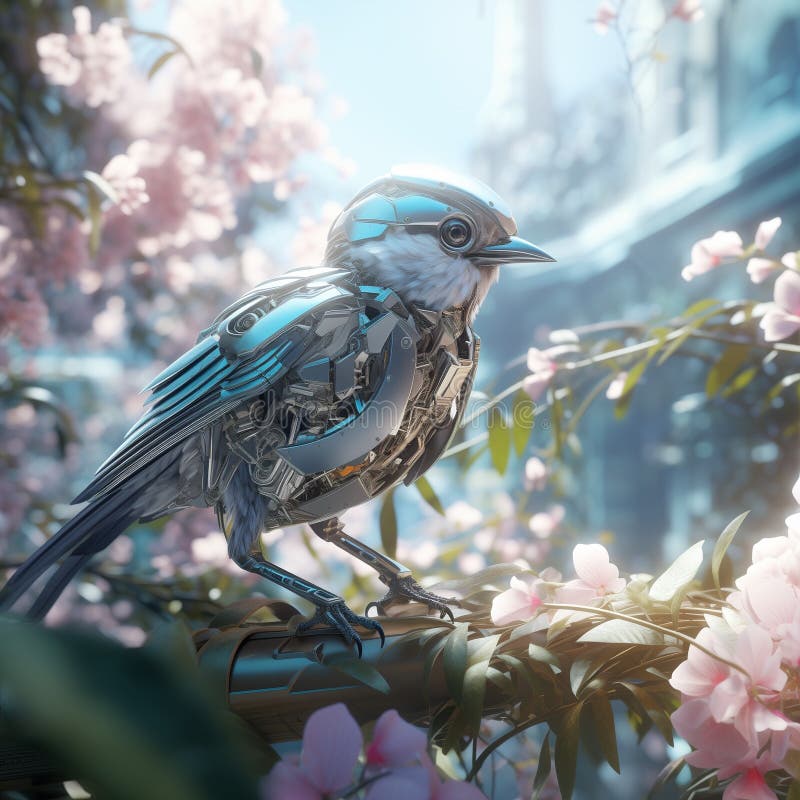 AI Generated Illustration of a Robotic Bird Perched on a Blooming ...