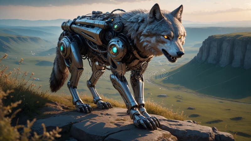 AI Generated Illustration of a Robotic Cyborg Wolf on a Mountain Stock ...