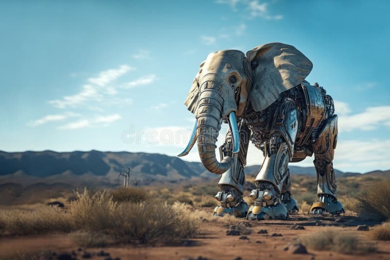 AI Generated Illustration of a Robotic Elephant in an Arid Landscape ...