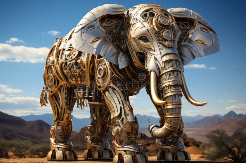 AI Generated Illustration of a Robotic Elephant Walking in the Field ...