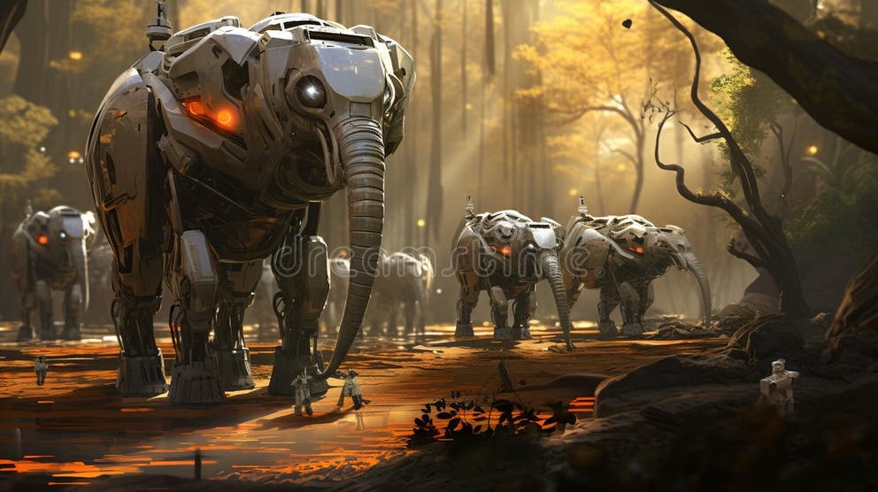 AI Generated Illustration of Robotic Elephants Walking through a Dense ...