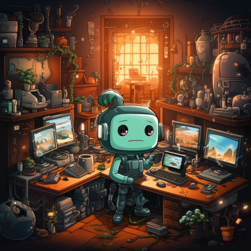 AI Generated Illustration of a Robotic Figure in Front of a Computer ...