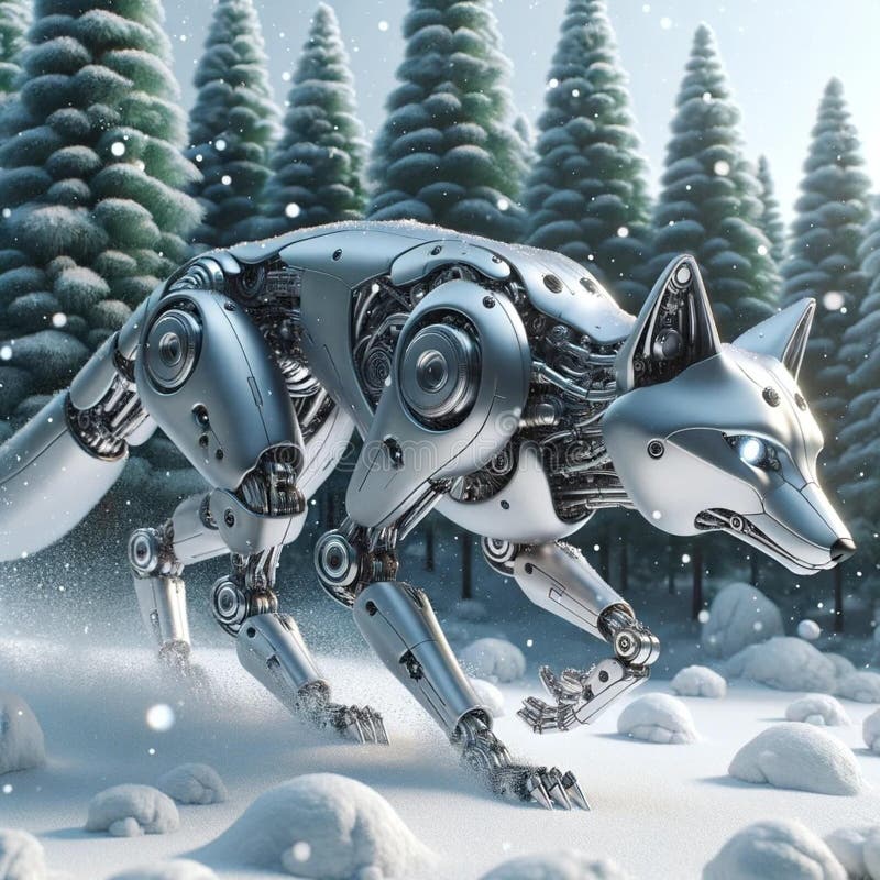 AI Generated Illustration of a Robotic Fox Sprints through a Snowy ...