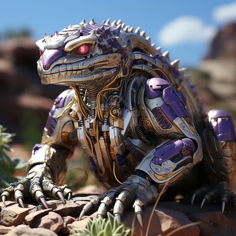 AI Generated Illustration of a Robotic Lizard Standing in a Lush Green ...