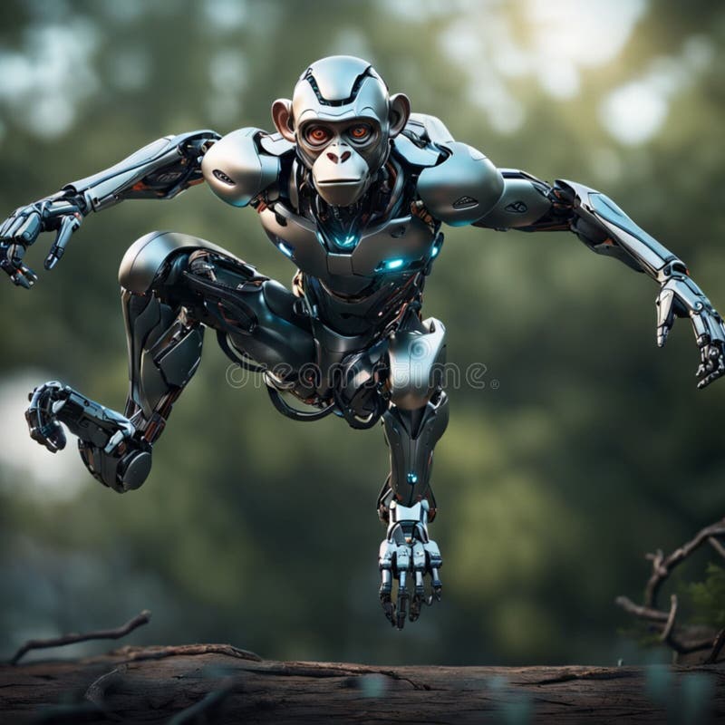 AI Generated Illustration of a Robotic Monkey Sprinting through a Lush ...
