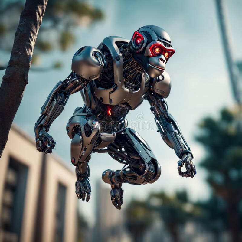 AI Generated Illustration of a Robotic Monkey Sprinting through a Lush ...