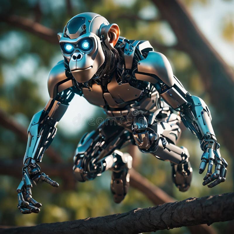 AI Generated Illustration of a Robotic Monkey Sprinting through a Lush ...