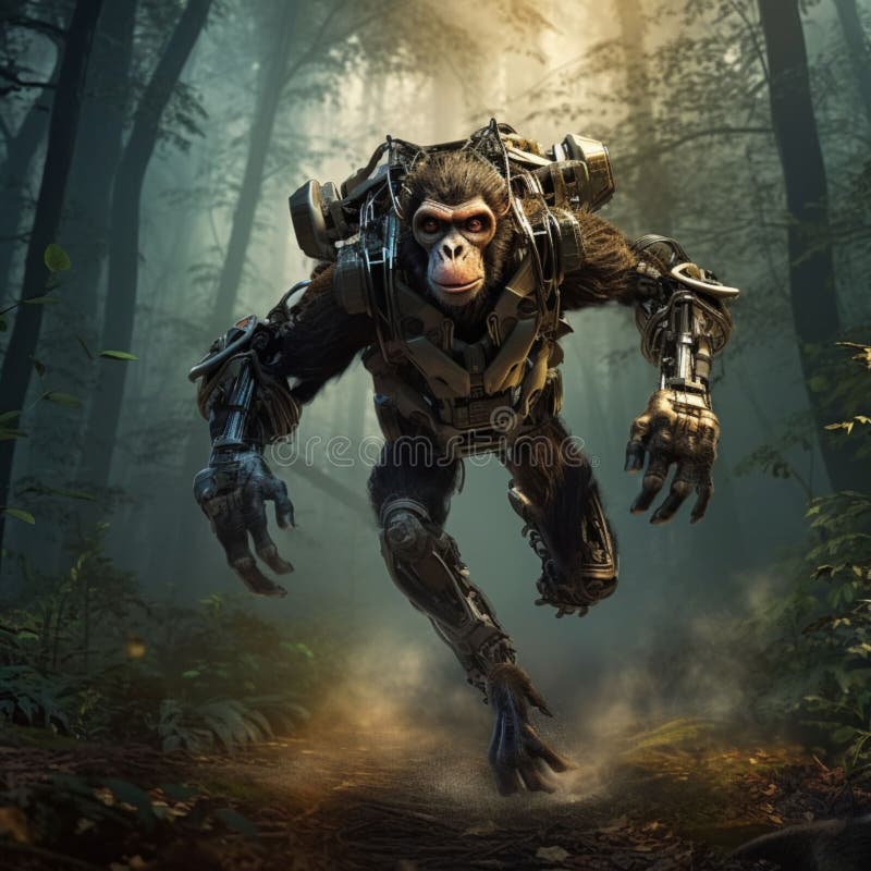 AI Generated Illustration of a Robotic Monkey Sprinting through a Lush ...