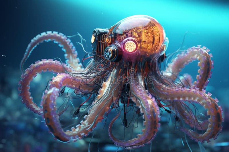 AI Generated Illustration of a Robotic Octopus Swimming in an ...