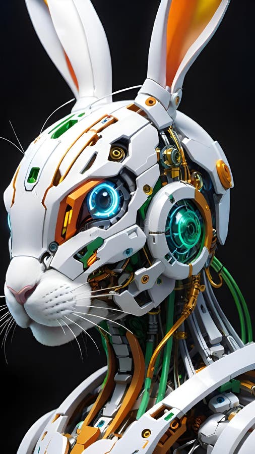 AI Generated Illustration of a Robotic Rabbit Head with Illuminated ...