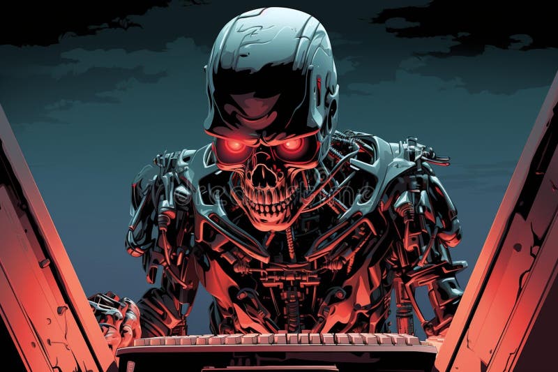 AI Generated Illustration of a Robotic Skull with Menacing Red Eyes ...