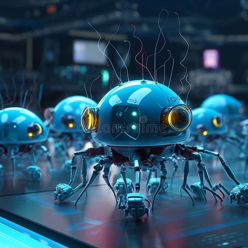 AI Generated Illustration of Robotic Spider Figures in Neon Blue Lights ...