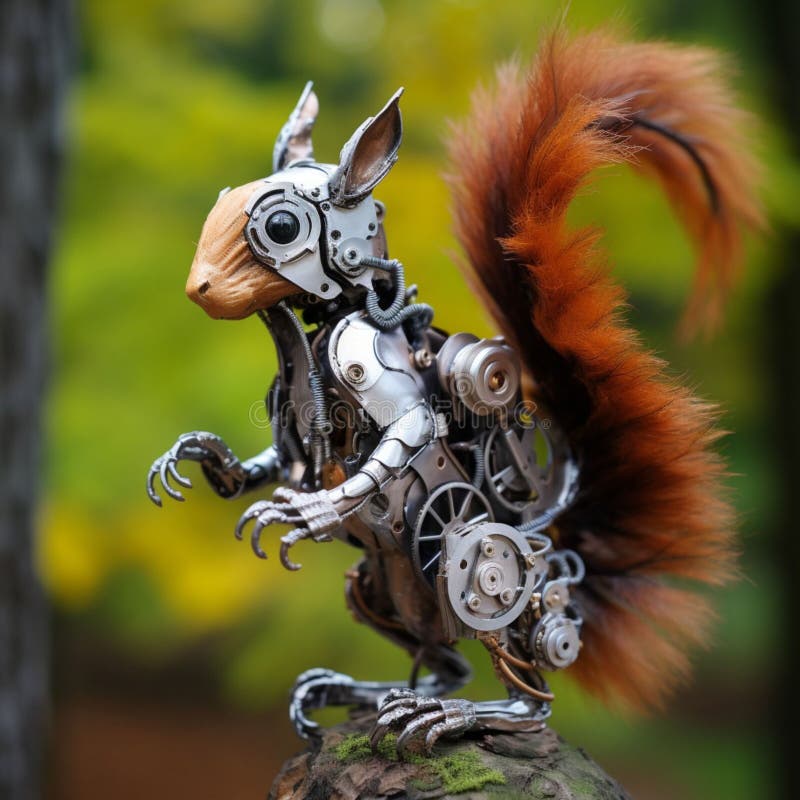 AI Generated Illustration of a Robotic Squirrel in a Lush Green Forest ...