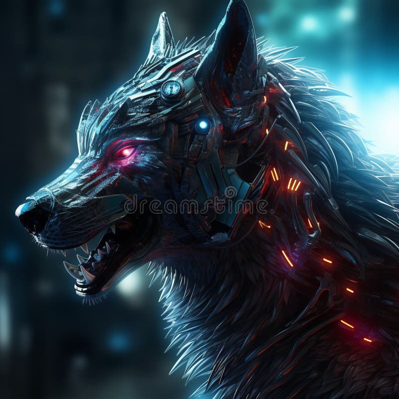 AI Generated Illustration of a Robotic Wolf with Glowing Red Eyes in ...