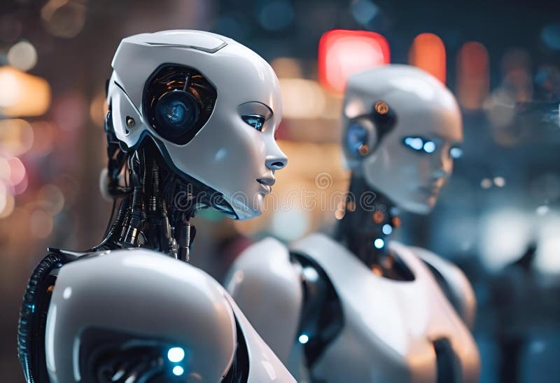 Robots Facing Away from Each Other in Front of Some Lights Stock ...