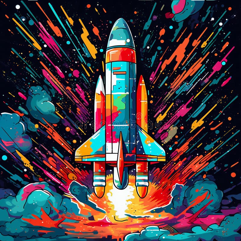 AI Generated Illustration of a Rocket Soaring in Colorful Dark Sky ...