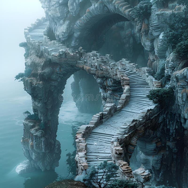 AI Generated Illustration of a Rocky Ocean Stairway with Natural Stone ...