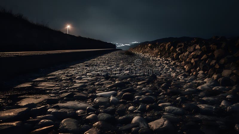 AI Generated Illustration of a Rocky Path Near Train Tracks at Night ...
