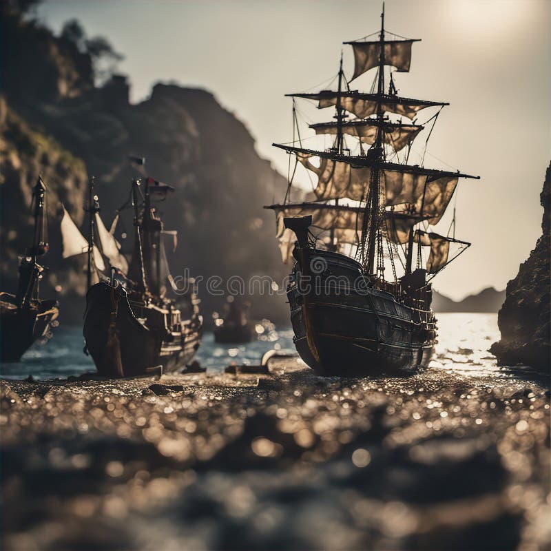 AI Generated Illustration of a Rocky Pirate Port with Ships Setting ...