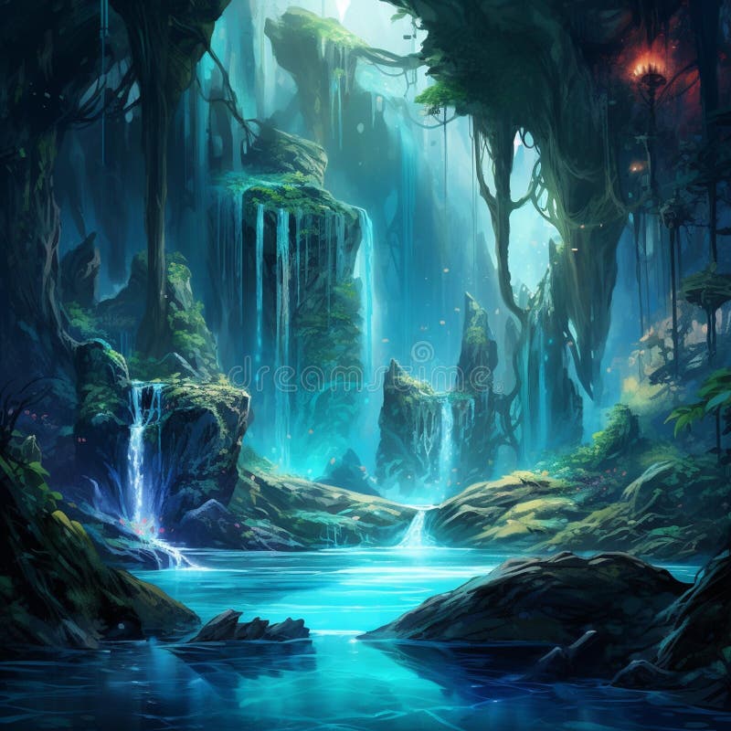 AI Generated Illustration of a Rocky Riverbed, Featuring a Waterfall ...