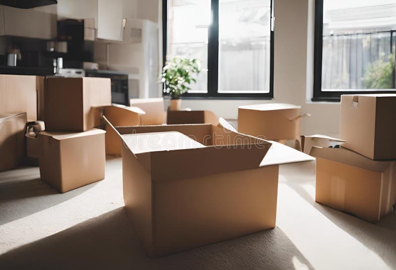 AI Generated Illustration of a Room Packed with Boxes, Large Window in ...