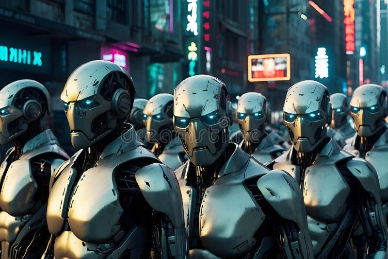 A Bunch of Metallic Robots are Lined Up in a Row Stock Illustration ...