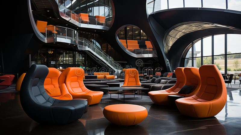 Several Chairs with Orange Seats Next To an Escalator Stock ...