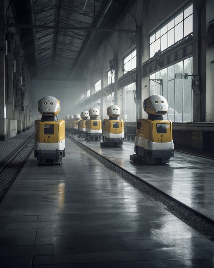 AI Generated Illustration of a Row of Robots Stand Side by Side in a ...