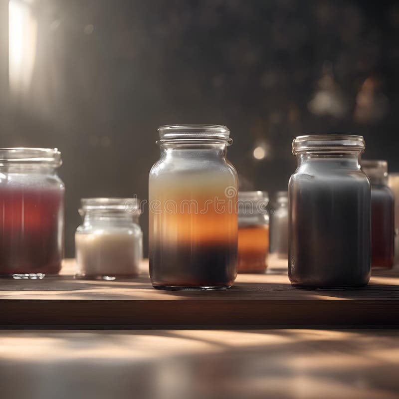 AI Generated Illustration of a Row of Various Liquid-filled Jars on a ...