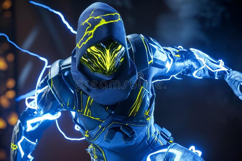A Person in an Armor Suit Holding Lightning Sticks on a Dark Background ...