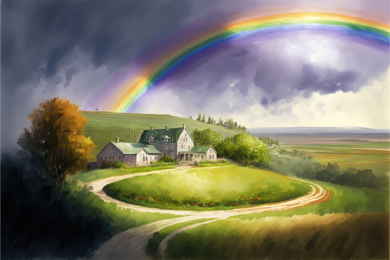 AI Generated Illustration of Rural Landscape with Rainbow Stock ...
