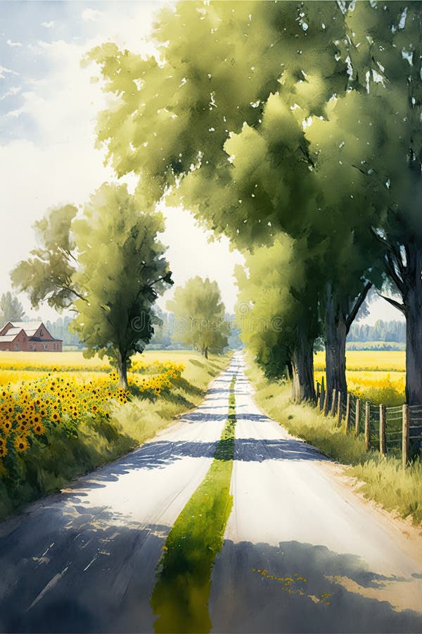 AI Generated Illustration of a Rural Landscape with a Road among ... AI Generated Illustration of a Rural Landscape with a Road among ...