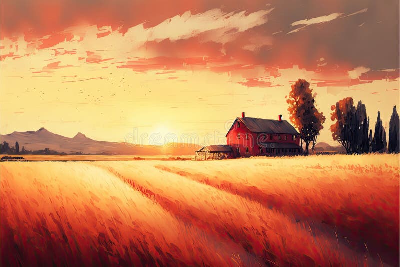 AI Generated Illustration of a Rural Landscape during Sunset Stock ...