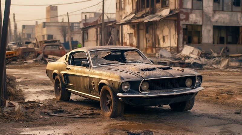 AI Generated Illustration of a Rusted Muscle Car in a Post-apocalyptic ...