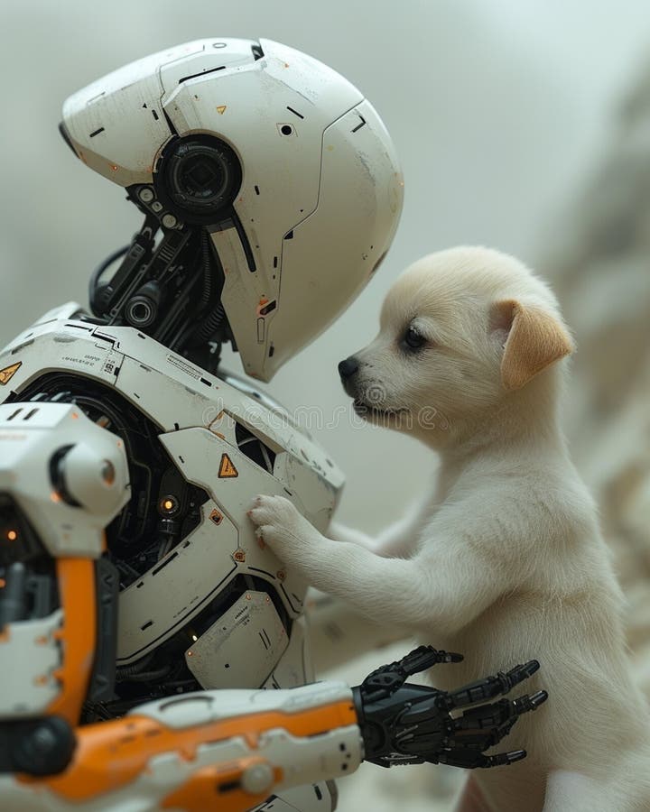 AI Generated Illustration of a Rusty Robotic Figure with a Puppy Stock ...