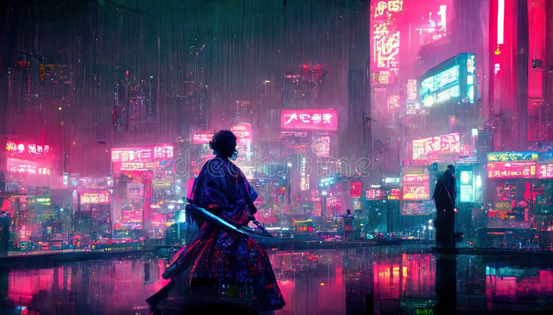 AI Generated Illustration of a Samurai in Neo-Tokyo with Neon Lights ...