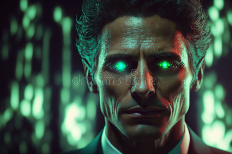 AI-generated Illustration of a Scary Man with Glowing Green Eyes Stock ...