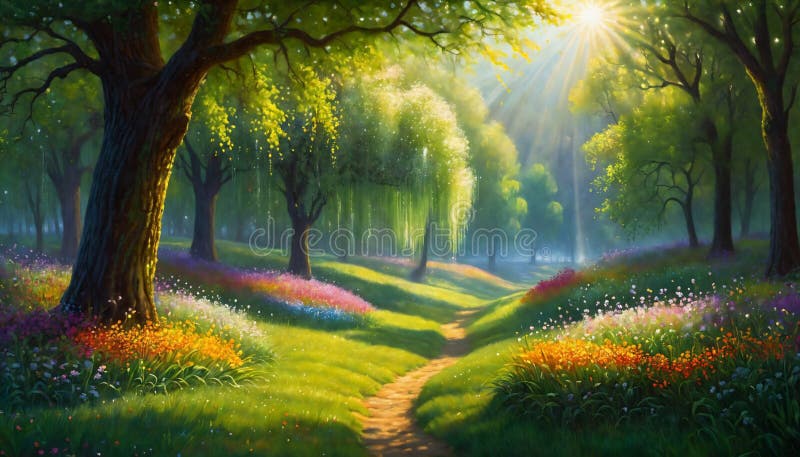 AI Generated Illustration of a Scenic Path through Trees To a Grassy ...