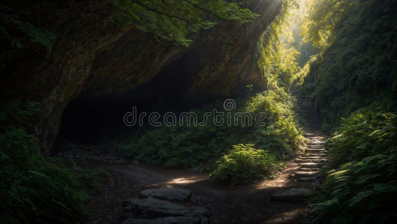 AI Generated Illustration of a Scenic Path Winding through a Lush Cave ...